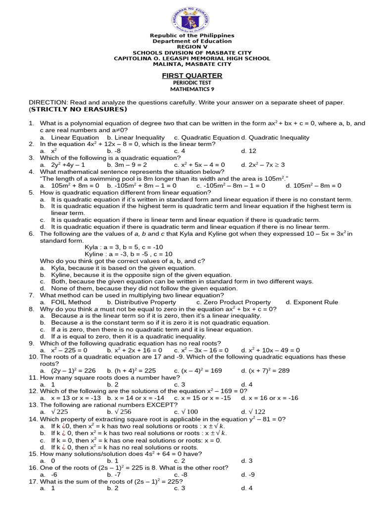 Math 9 1st Quarter Exam | PDF | Factorization | Mathematical Analysis