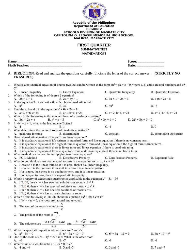 Math 9 1st Quarter Summative Test | PDF | Quadratic Equation | Equations