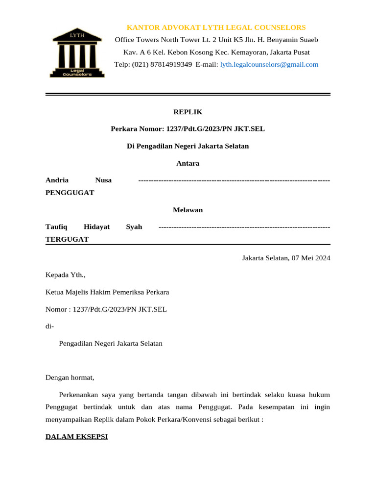 Replik Kasus Perdata No. 1237/Pdt.G/2023 | PDF