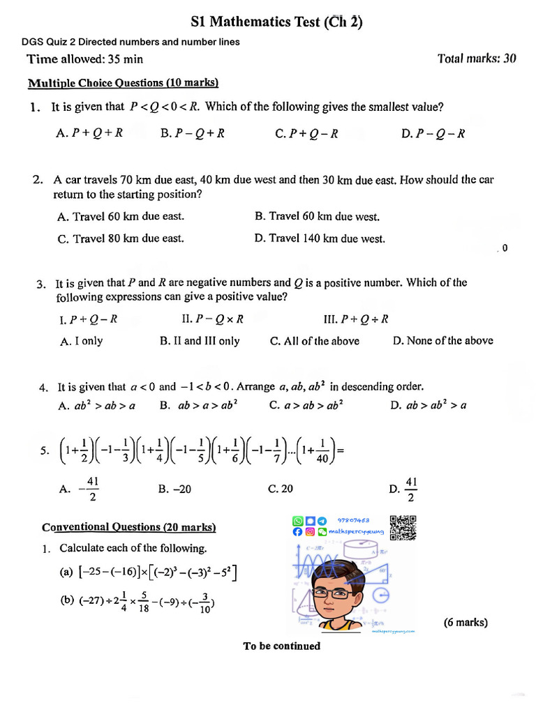 Dgs Quiz 2 Directed Numbers and Number Lines | PDF