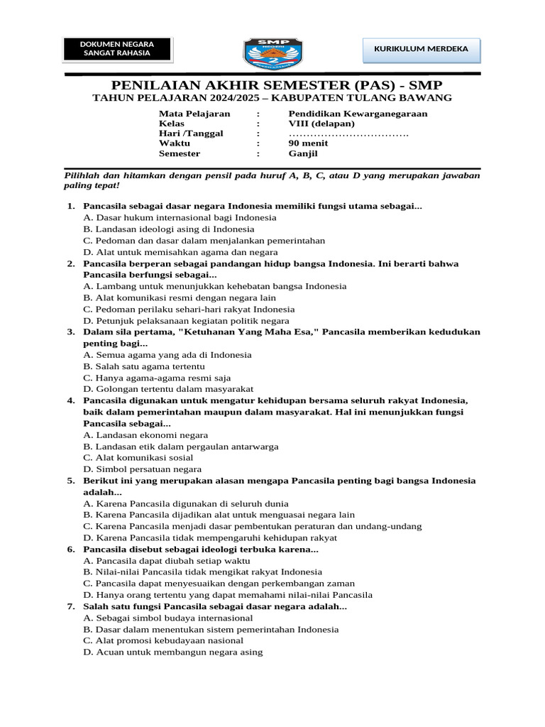Soal Psa Ganjil 2024 PKN Kelas 8 | PDF