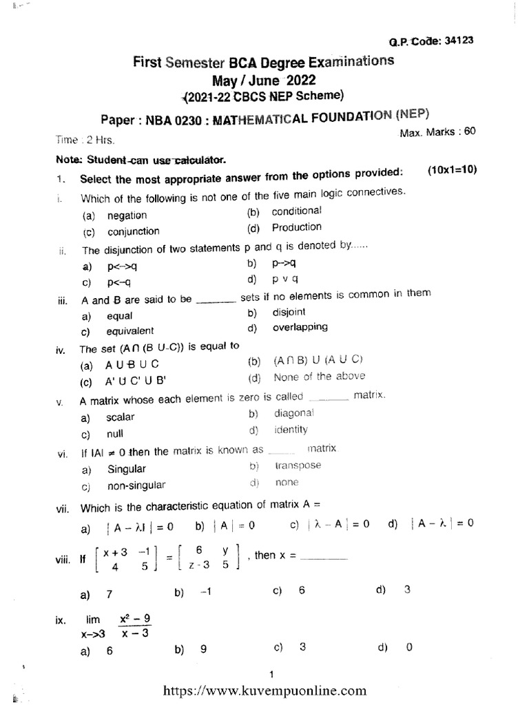 Bca 1 Sem Mathematical Foundation 34123 Jun 2022 | PDF