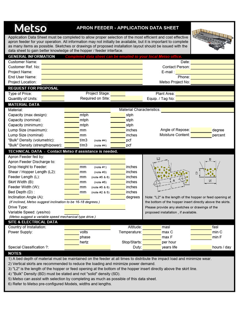Metso Apron Feeder - Application Data Sheet | PDF