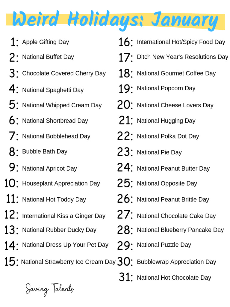 Unique January Holidays List | PDF | Pancake | Cuisine