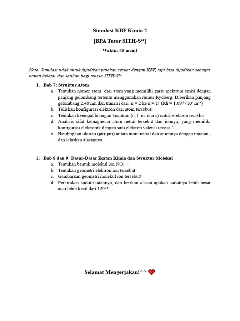 Simulasi KBF 2 Kimia SITH-S²⁴ | PDF