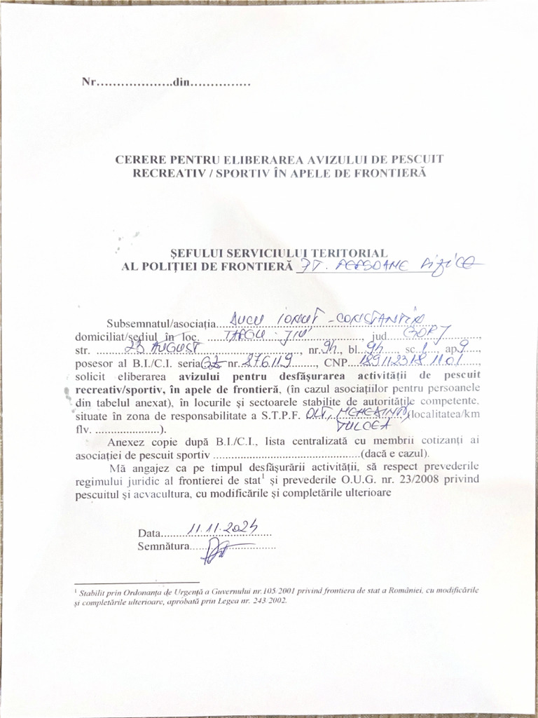 Cerere Pentru Eliberarea Avizului de Pescuit | PDF