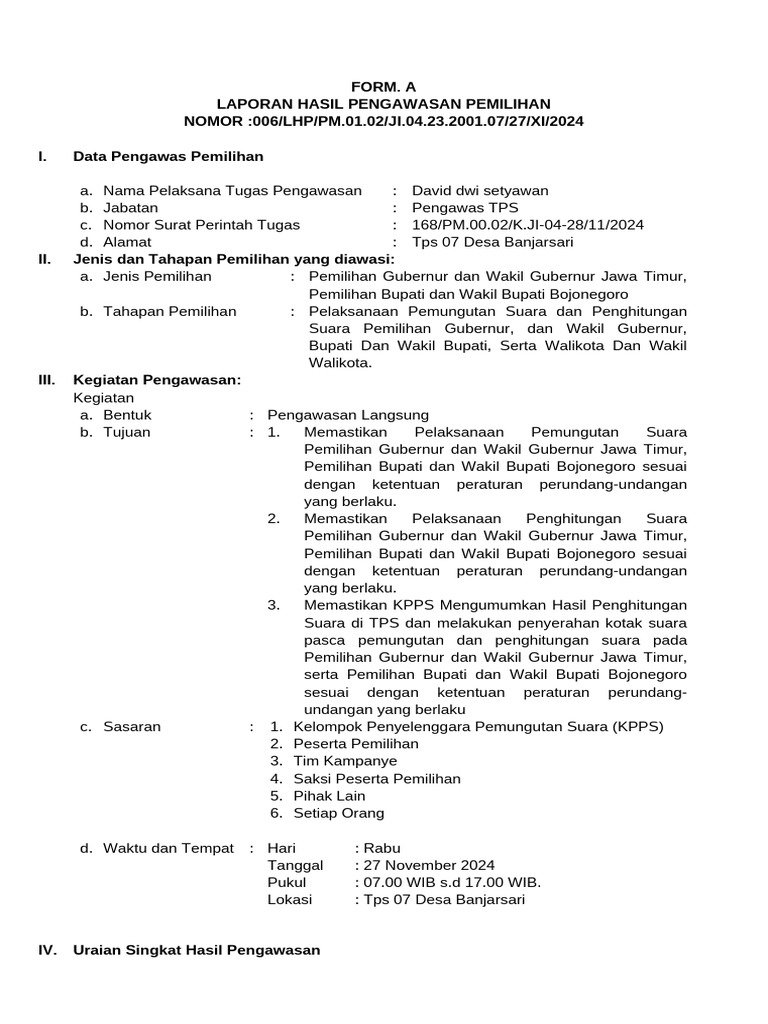Form A PTPS Pemungutan Dan Penghitungan Suara TPS7 | PDF