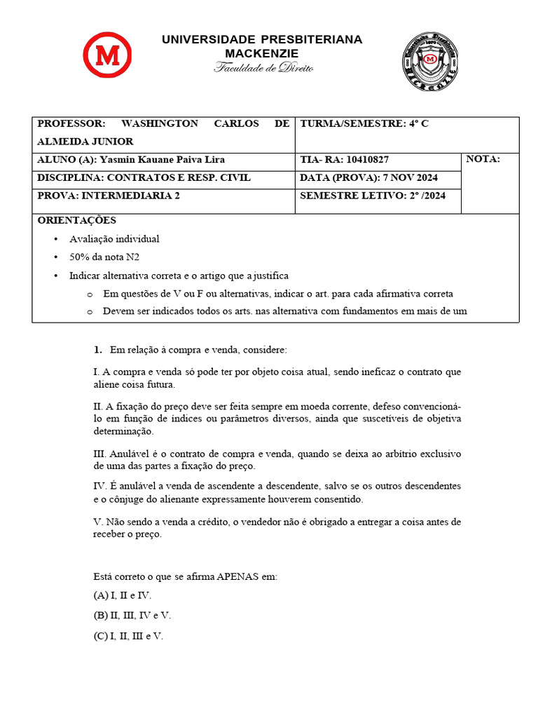 Trabalho N2 Turma 4C - Contratos e Responsabilidade Contratual - Yasmin K Paiva Lira | PDF ...