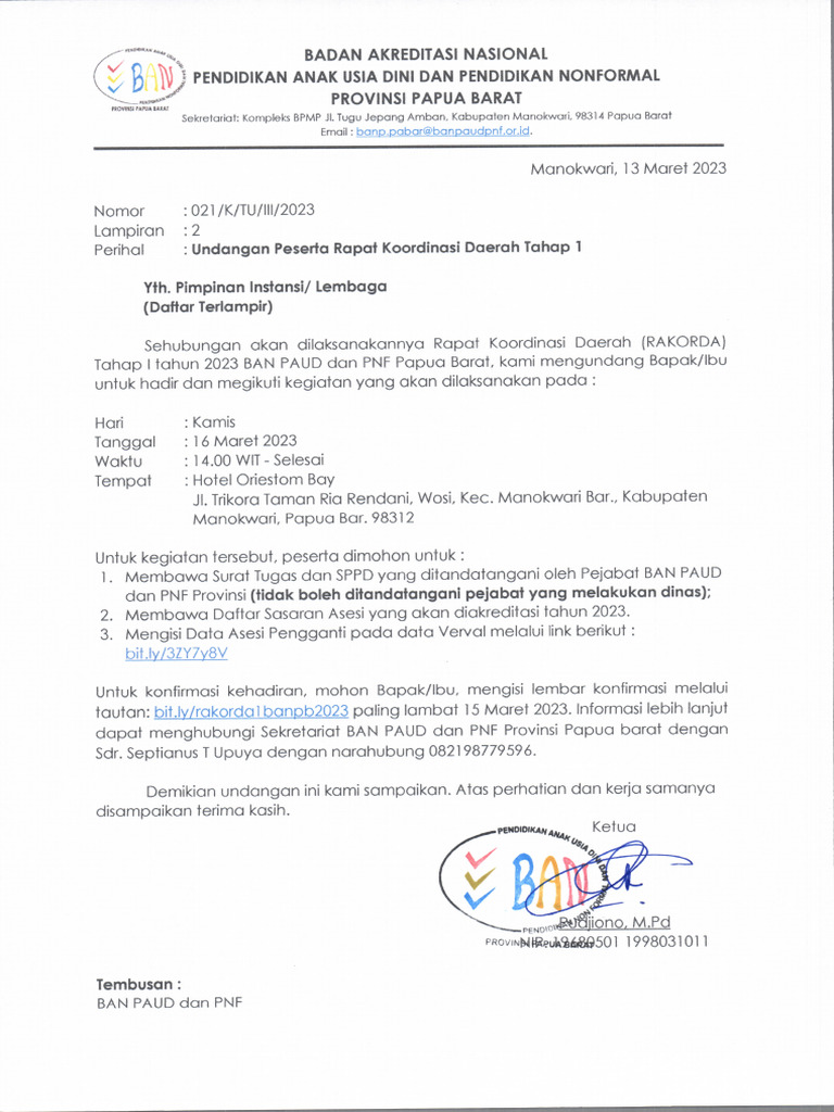 Undangan Peserta Rakorda Tahap 1 | PDF