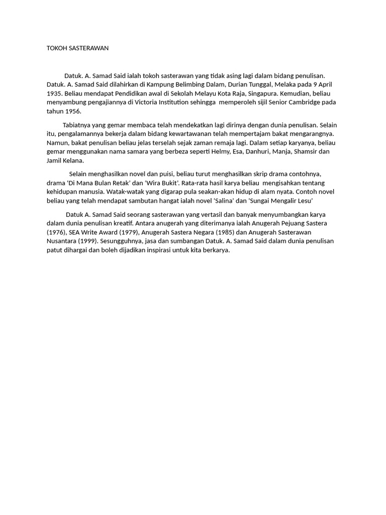 Tokoh Sasterawan | PDF