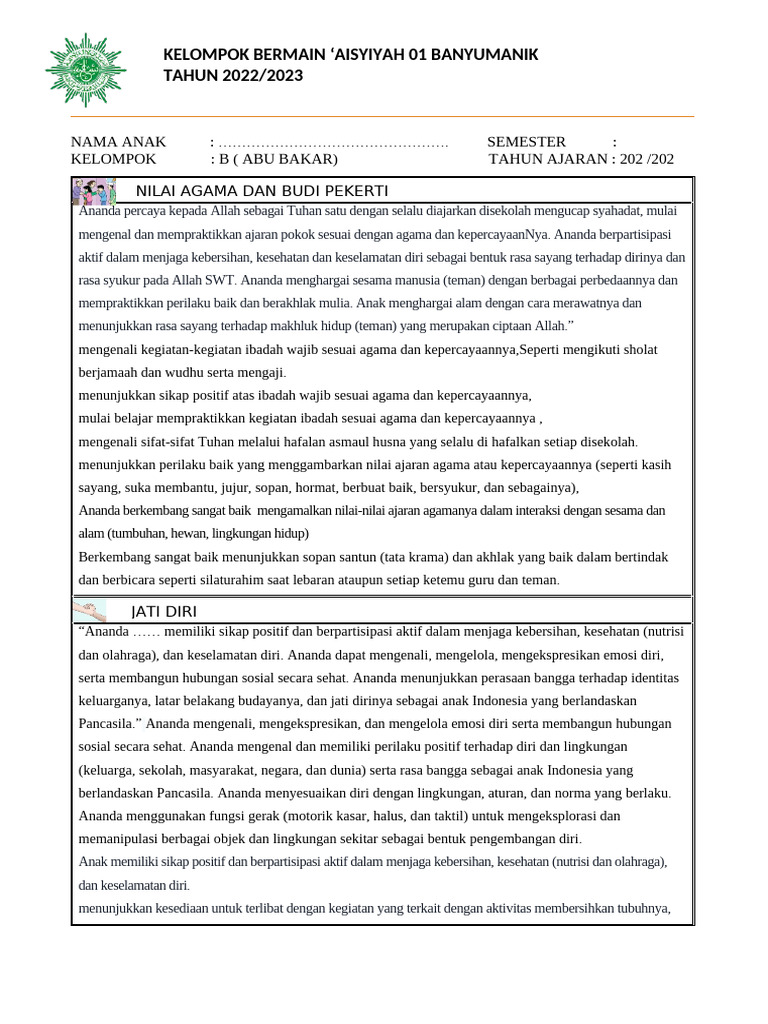 Format Rapot Kurmer Semester 1 | PDF