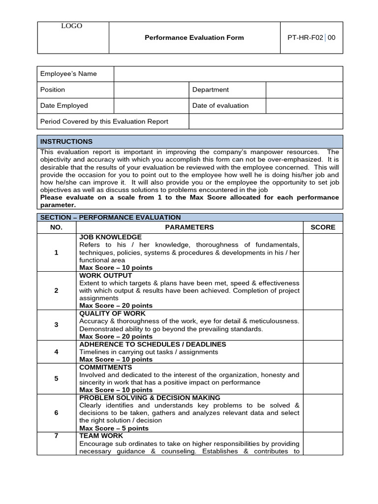 PT-HR-F02 Performance Evaluation Form | PDF | Evaluation | Performance ...