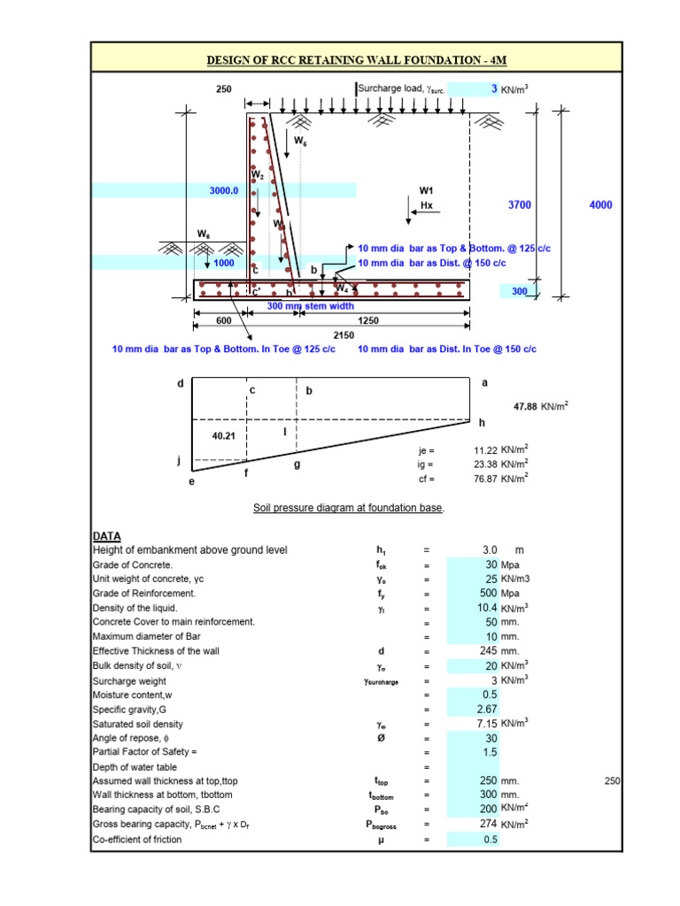 RCC Retaining Wall Design Calculation | PDF | Density | Civil Engineering