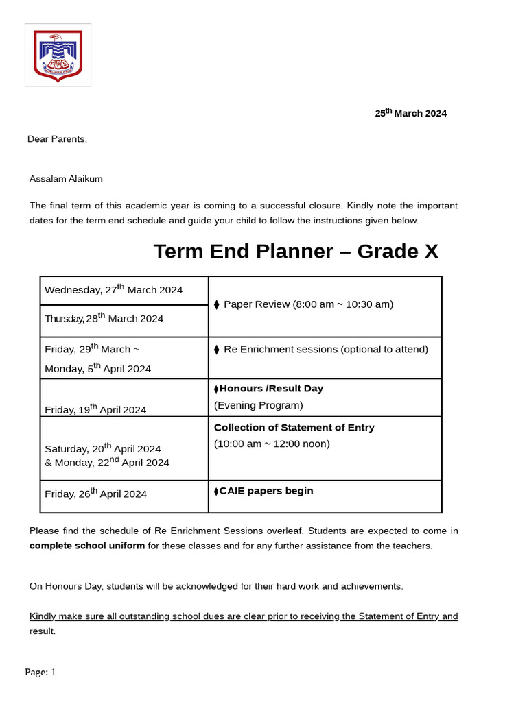 Year End Circular 2023-2024 (Grade X) | PDF