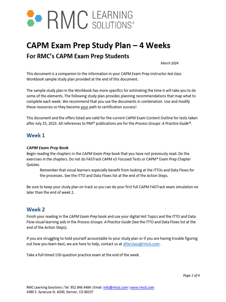 RMC-CAPM_Exam_Prep_Study_Plan-4Weeks | PDF | Cognition | Learning