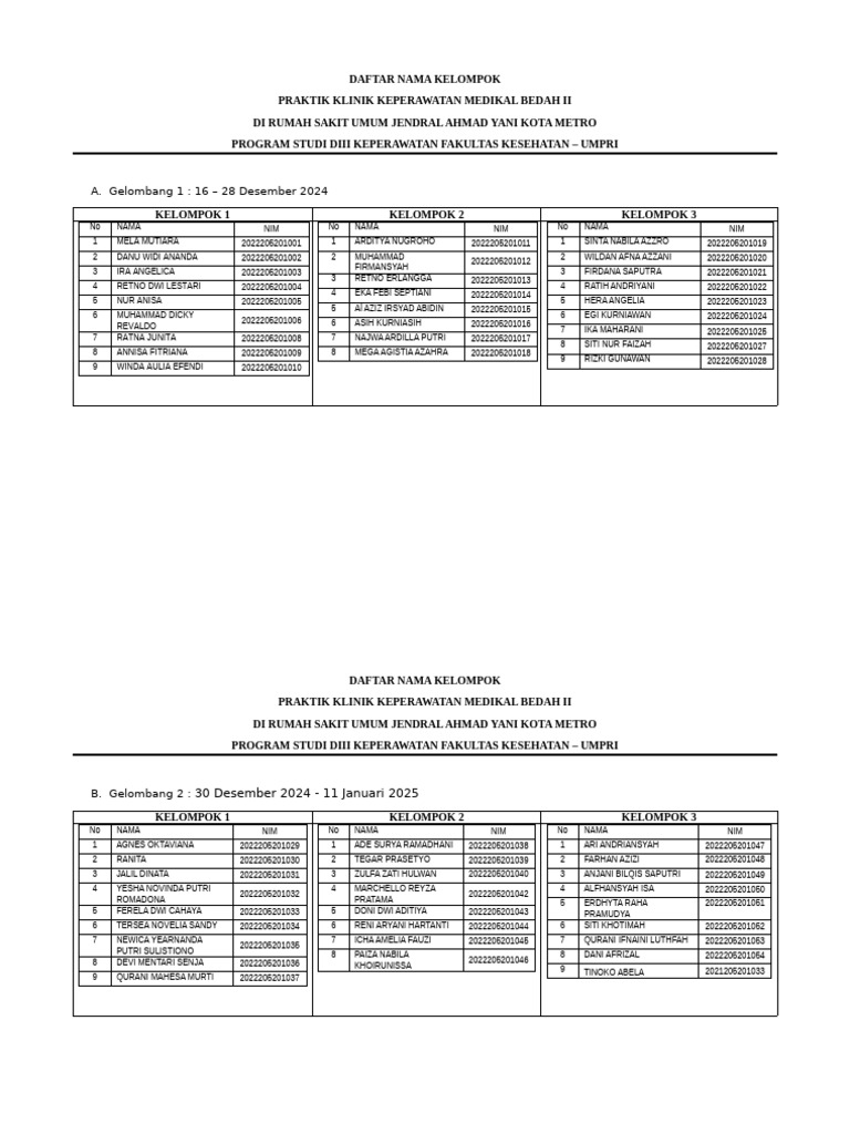 Daftar Nama Kelompok PKK KMB II | PDF