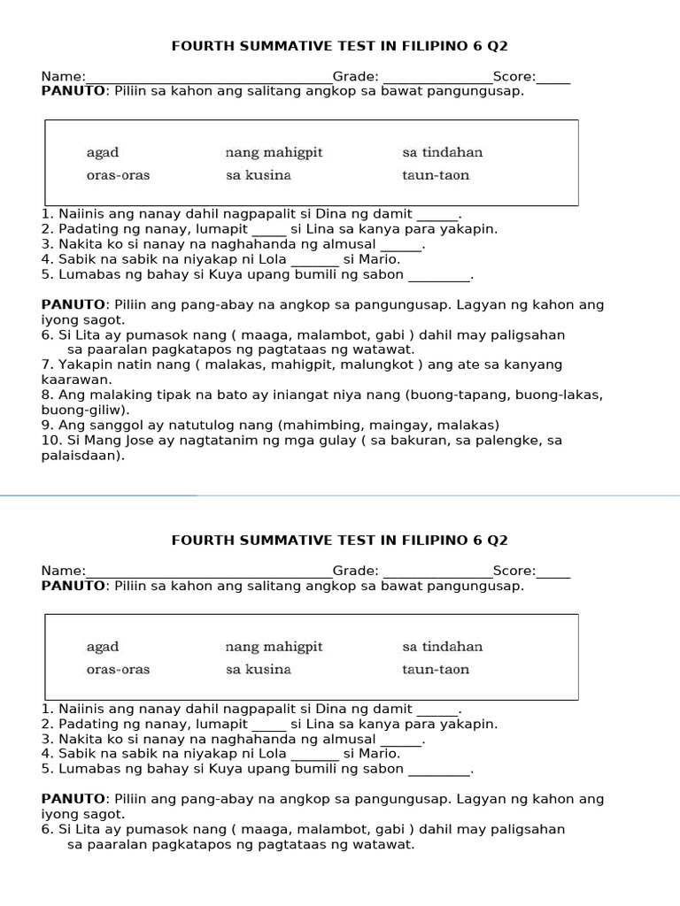 Fourth Summative Test in Filipino 6 Q2 | PDF
