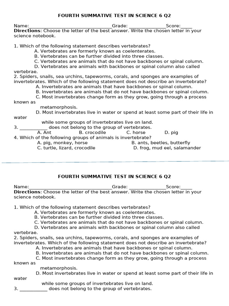 Fourth Summative Test in Science 6 Q2 | PDF | Invertebrate | Vertebral ...
