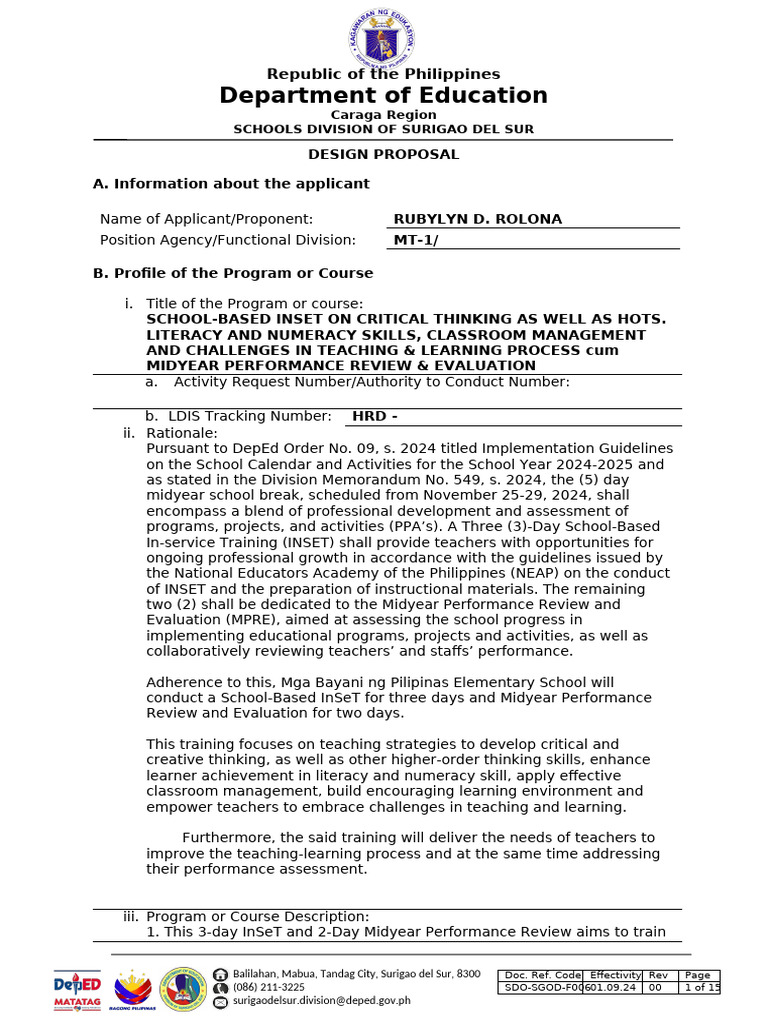 INSET DESIGN PROPOSAL 2024-MBPES-TAGO-FINAL | PDF | Teachers | Learning