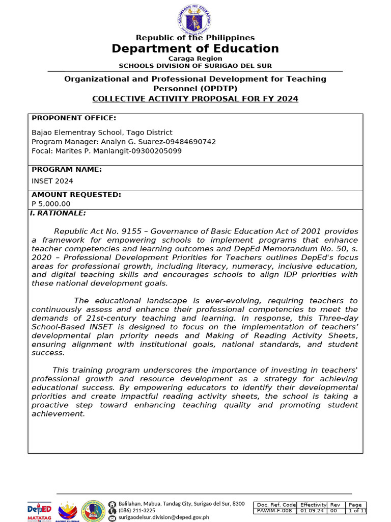 INSET 2024 Bajao ES PAWIM F 008 OPDTP ACTIVITY PROPOSAL | PDF ...