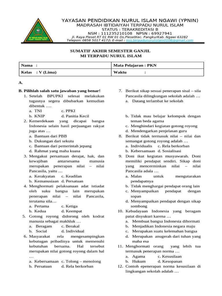 Soal PKN Kelas 5 MI Nurul Islam | PDF