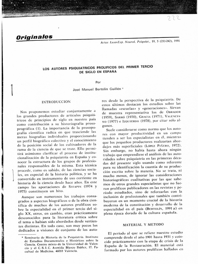 Los Autores Psiquiátricos Prolíficos Del Primer Tercio de Siglo en ...