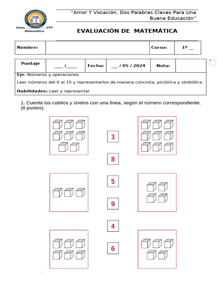 Evaluación de Matemática: Números del 0 al 10 | PDF