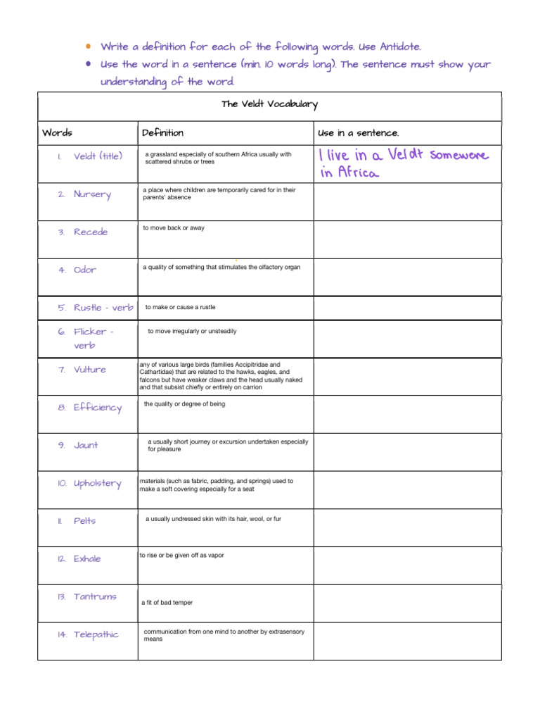 The Veldt Vocabulary - Worksheet | PDF | Psychology | Abnormal Psychology