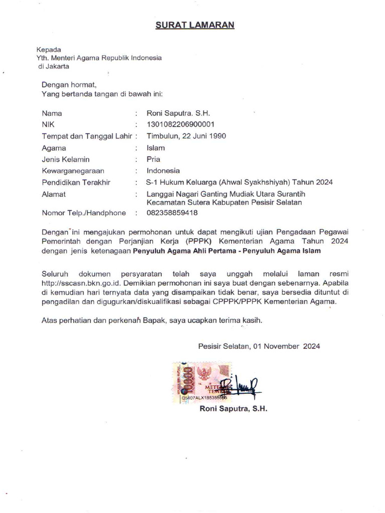 Surat Lamaran Roni Saputra | PDF