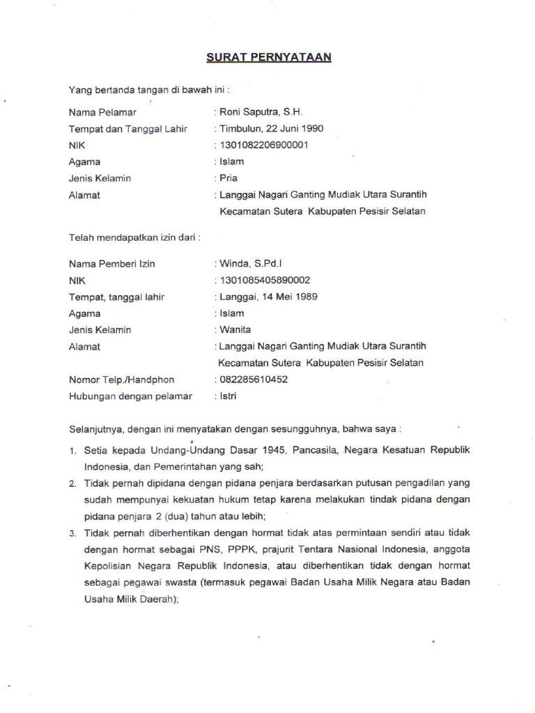 Surat Pernyataan Roni Saputra | PDF