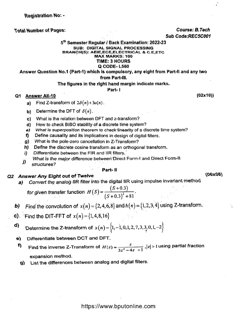 Btech Aeie Ece Elect Etc 5 Sem Digital Signal Processing Rce5c001 2023 | PDF