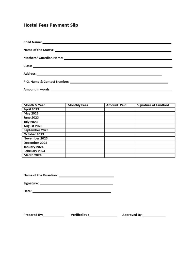 Hostel Fees Payment Slip 2022-2023 | PDF