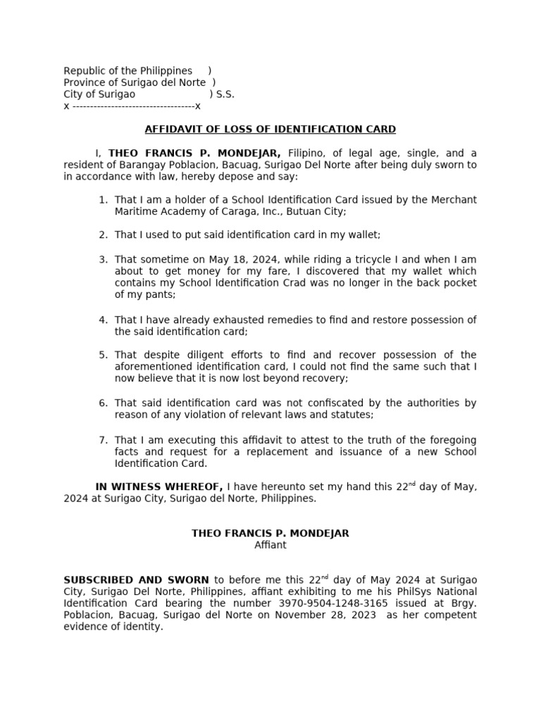 Affidavit of Loss Id School Butuan | PDF