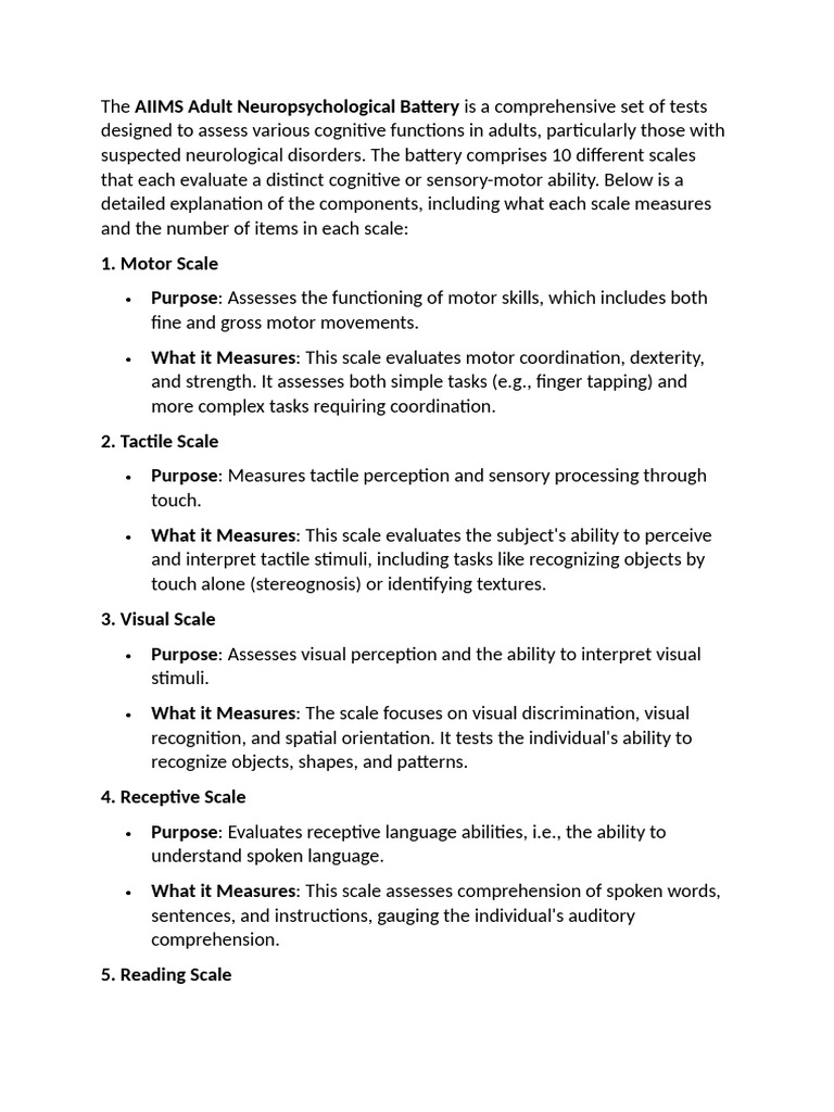 Aiims Battery Adult Components | PDF | Perception | Lateralization Of ...