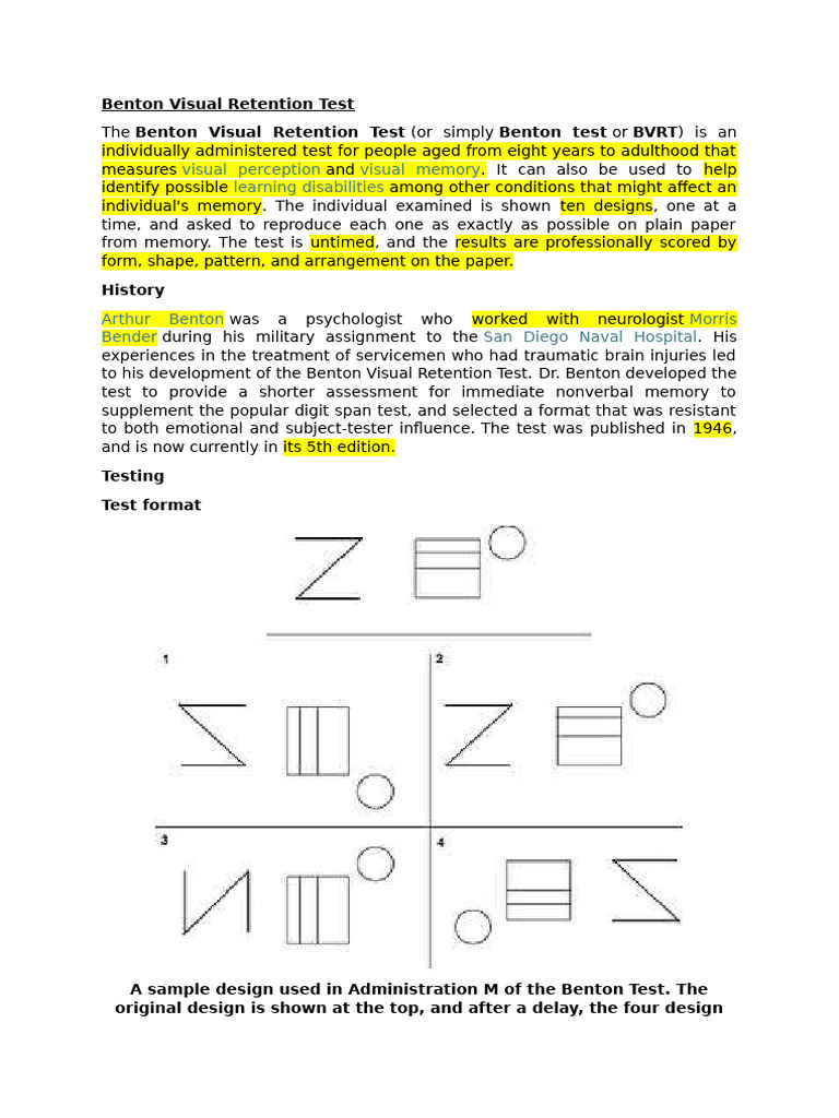 Benton Visual Retention Test | PDF | Cognitive Psychology | Psychology