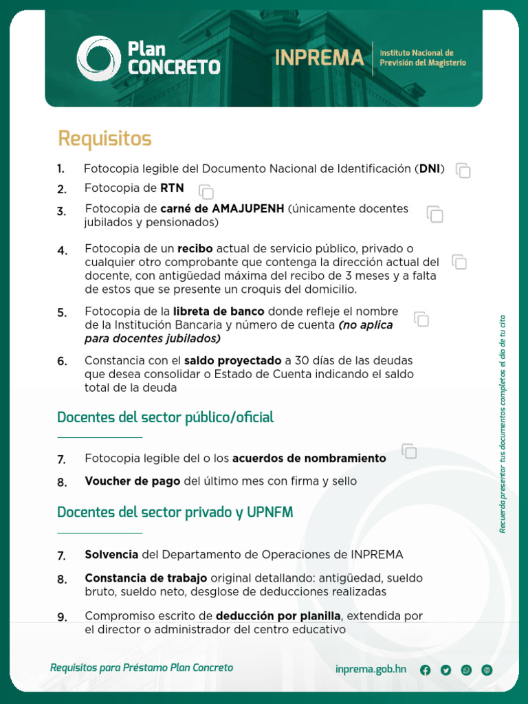 Requisitos Plan Concreto INPREMA | PDF