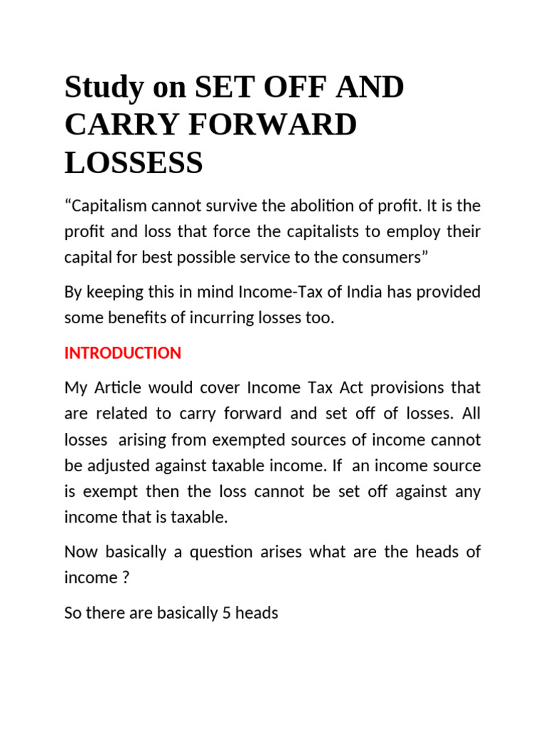 Study On SET OFF AND CARRY FORWARD LOSSESS | PDF | Public Finance ...