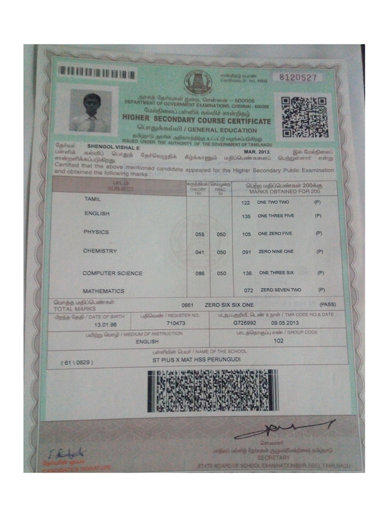 12th Mark Sheet | PDF