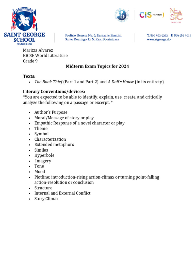 2024 IGCSE World Literature Midterm Guide | PDF