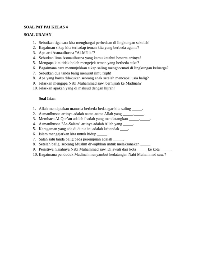 SOAL PAT PAI KELAS 4 DES. 2024 | PDF