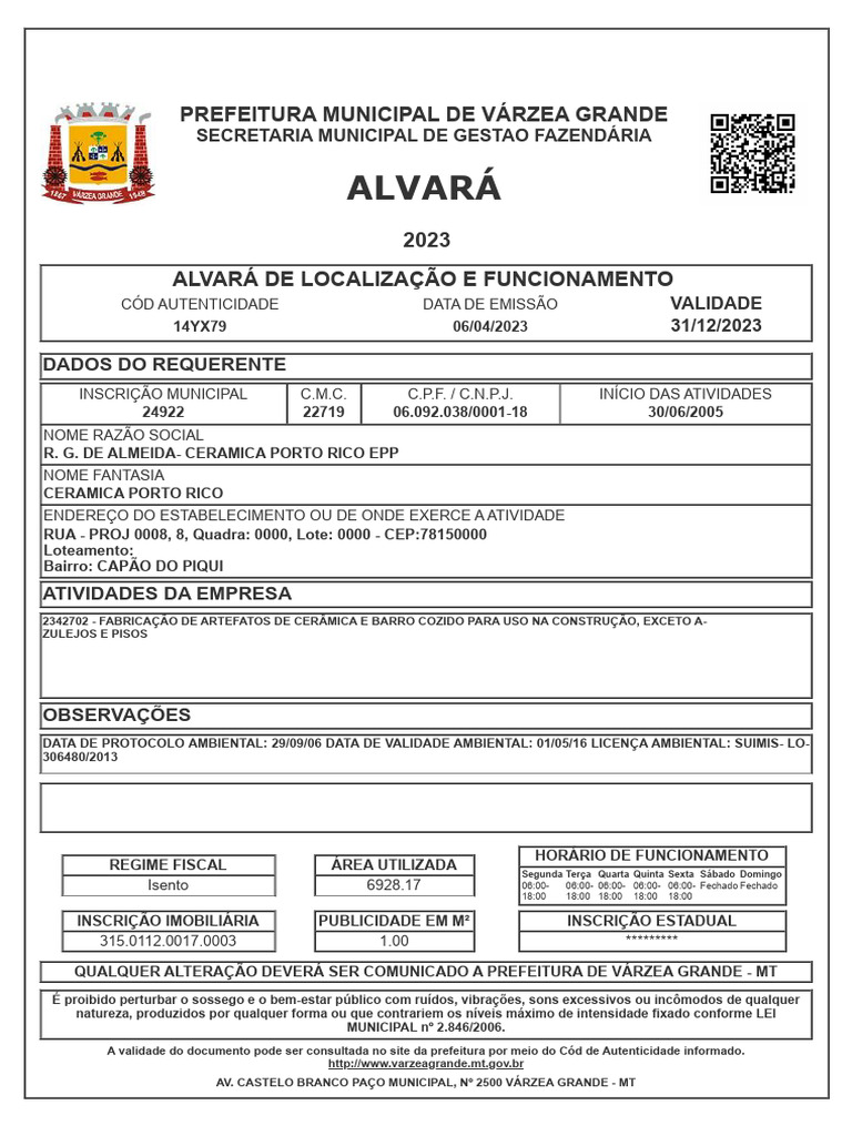 ALVARÁ DE LOCALIZAÇÃO E FUNCIONAMENTO - 2023 | PDF ALVARÁ DE LOCALIZAÇÃO E FUNCIONAMENTO - 2023 | PDF