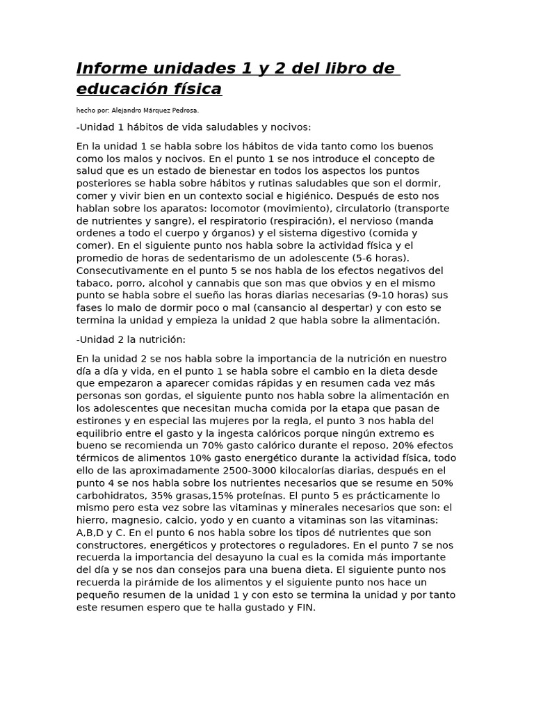 Informe Unidades 1 y 2 Del Libro de Educación Física Hecho Por ...