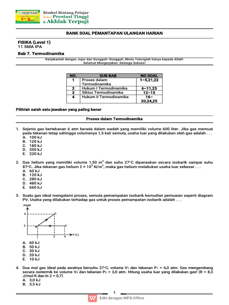 Bank Soal FISIKA - 11 SMA IPA - Bab 7. Termodinamika (LEVEL 1) (Layout) | PDF