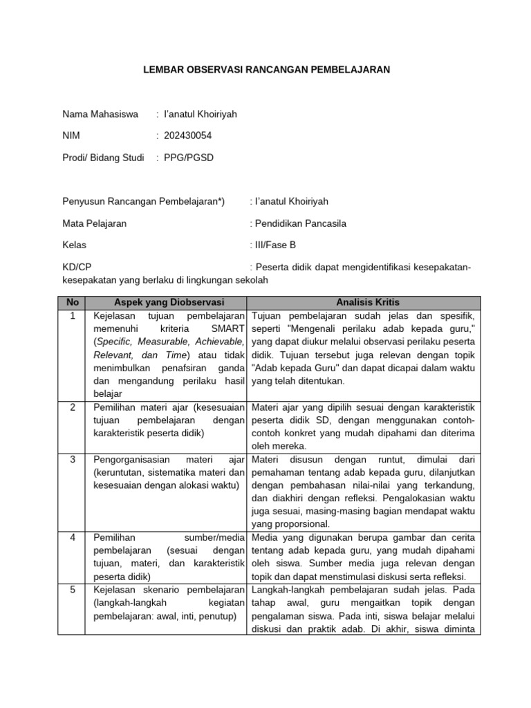 Lampiran 4. LK 3 Contoh Format Lembar Observasi Rancangan Pembelajaran | PDF