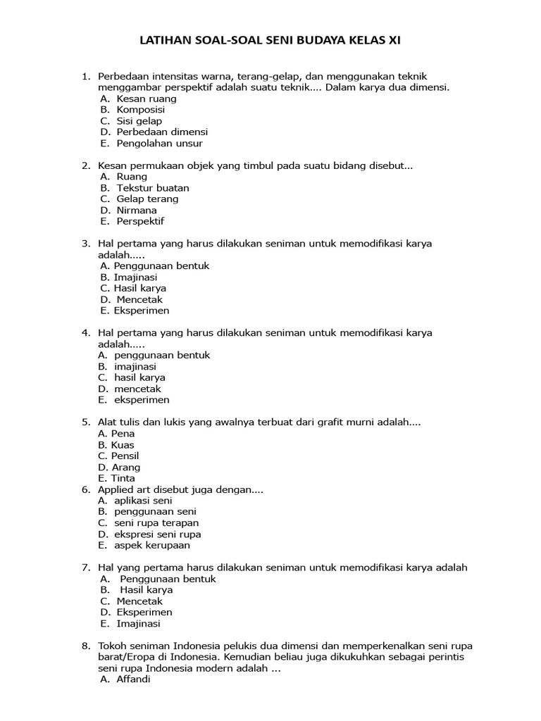 LATIHAN SOAL-SOAL SENI BUDAYA XI | PDF