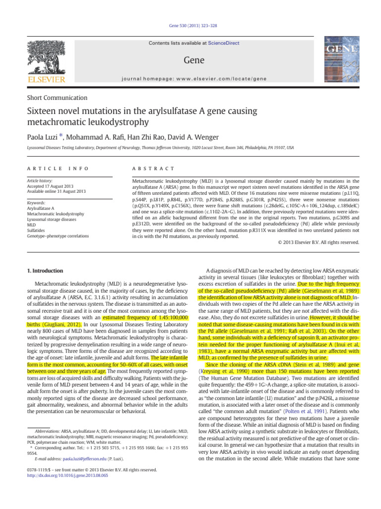 Luzi, 2013 16 Novel Mutations in ARSA | PDF | Mutation | Point Mutation
