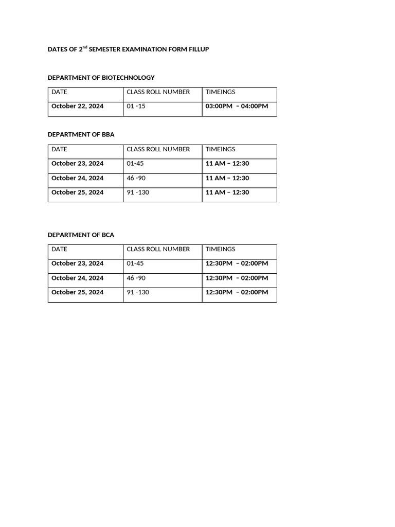 Dates of 1st Semester Examination Form Fillup-1 | PDF