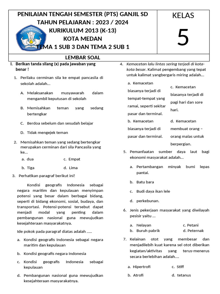 soal pts kelas 5 tema 1 sub 3 tema 2 sub 1 | PDF