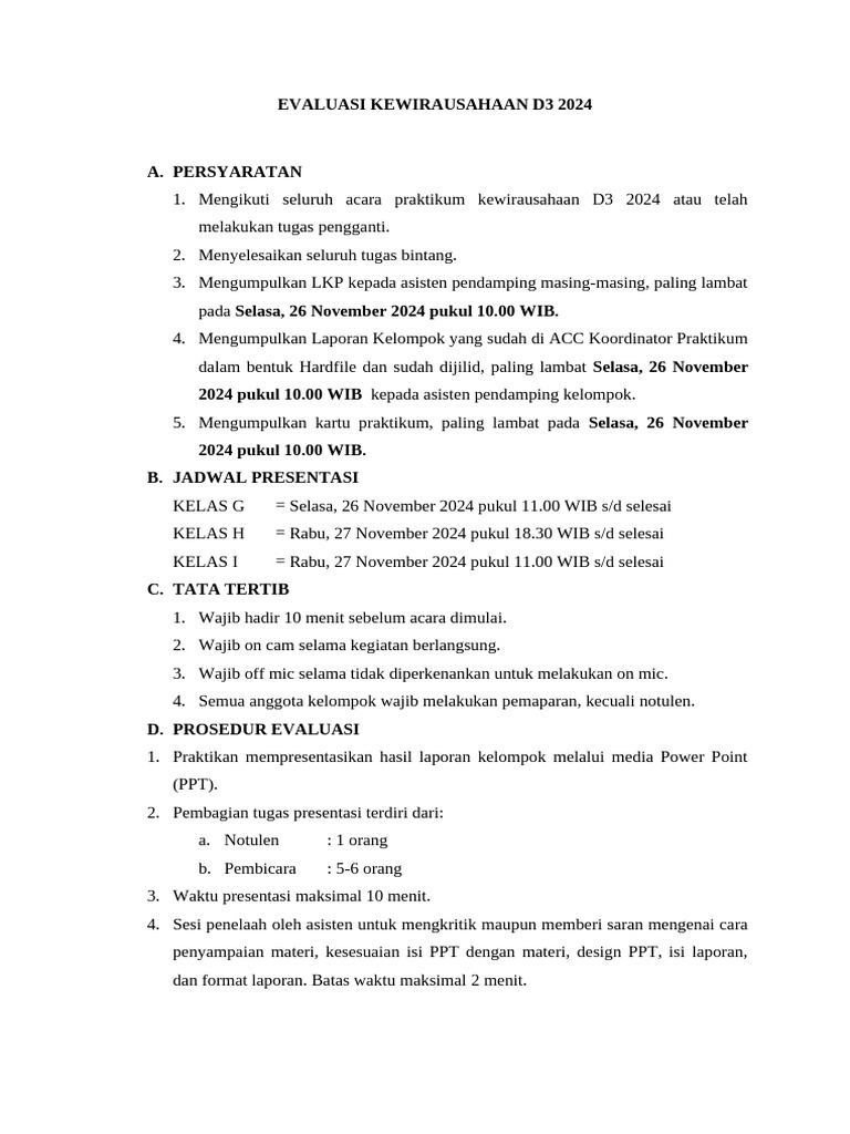 Evaluasi Kewirausahaan D3 2024 | PDF