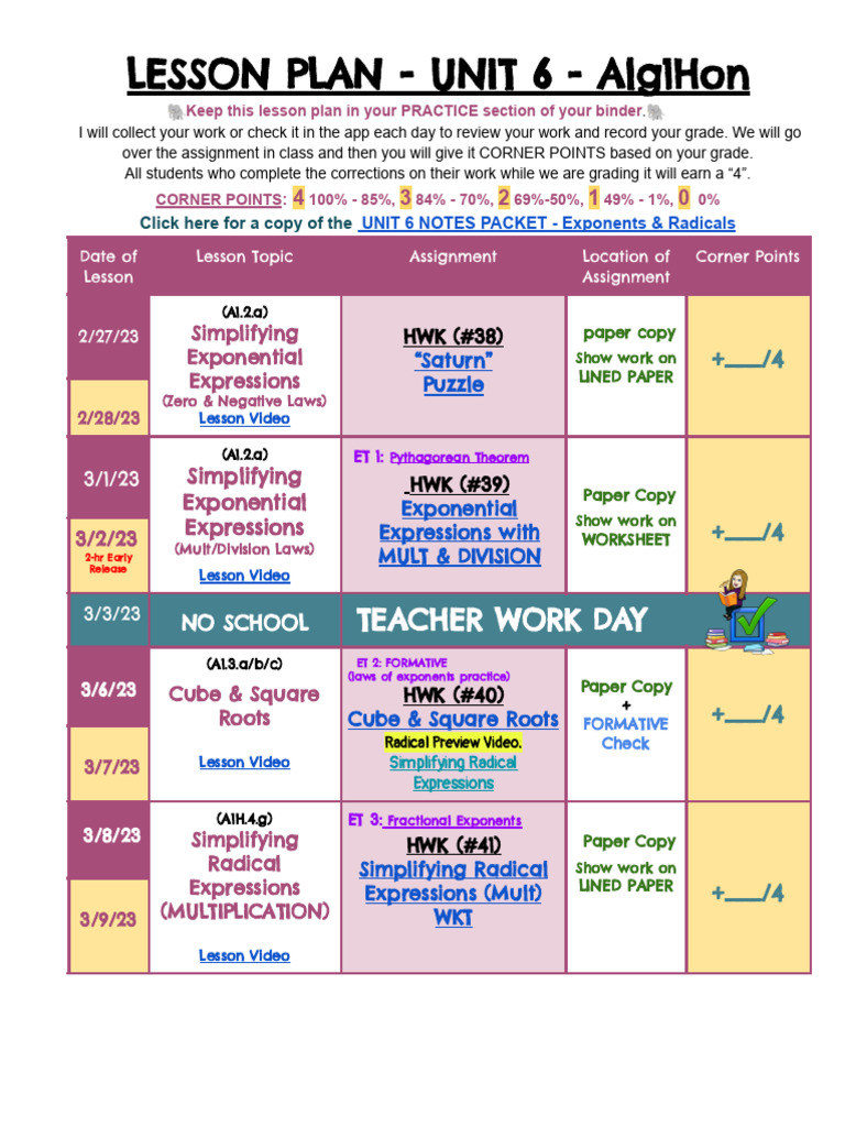 LESSON PLAN - Unit 6 - Exponents & Radicals (Alg1Honors - 2023) | PDF ...